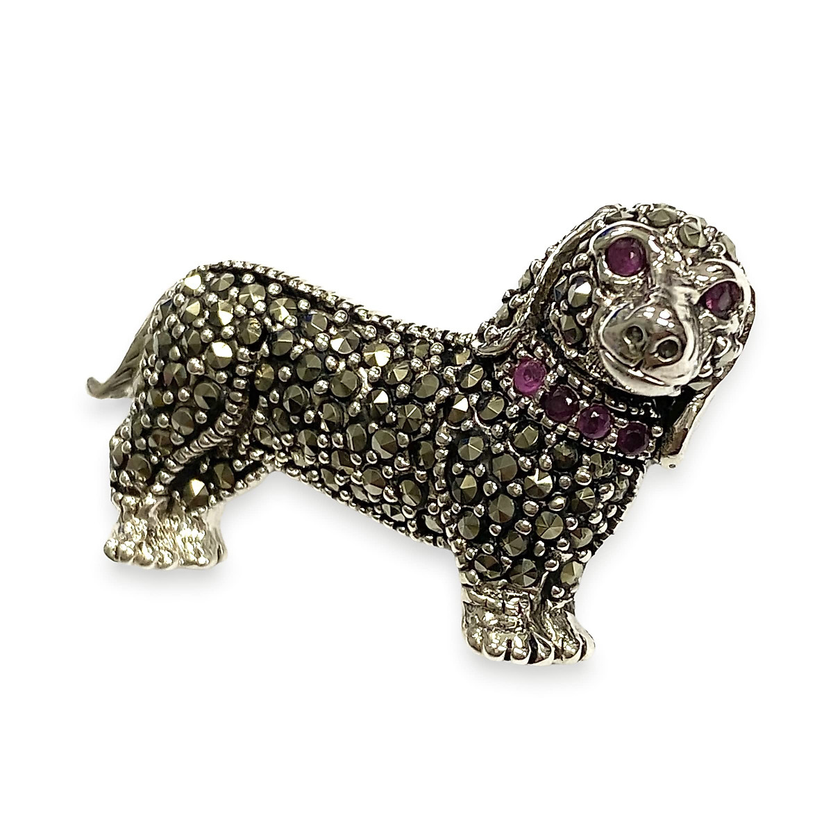 Art Deco Style Dachshund Dog Pin Brooch with Marcasite and Ruby Stone 925 Sterling Silver