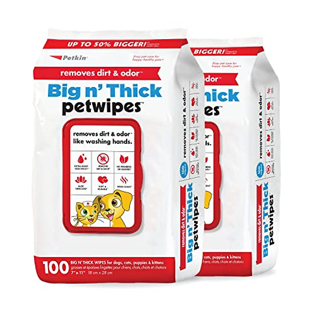 Petkin Pet Wipes for Dogs and Cats, 200 Large Wipes - Removes Dirt & Odor Like Washing Hands - Cleans Ears, Face, Butt, Eye Area - Convenient, Ideal for Home or Travel - 2 Packs of 100 Wipes