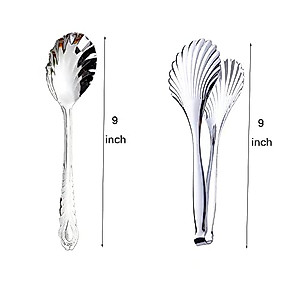 Enwinner Buffet Salad Serving 2 Tongs 4 Serving Spoons, 9 inch Catering Chef Food Salad BBQ Serving Utensils, Set of 6(stainless steel) (2 tongs+4 spoons)