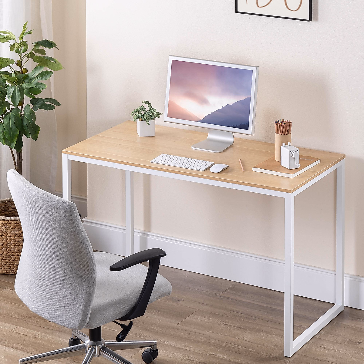 ZINUS Jennifer 47 Inch Computer Workstation, Office Desk - White Frame & Natural Top