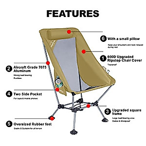 HITORHIKE Camping Chair with Nylon Mesh and Comfortable Headrest Ultralight High Back Folding Chair Portable Compact for Hiking, Backpacking, Picnic, Festival, Family Road Trip (Khaki)