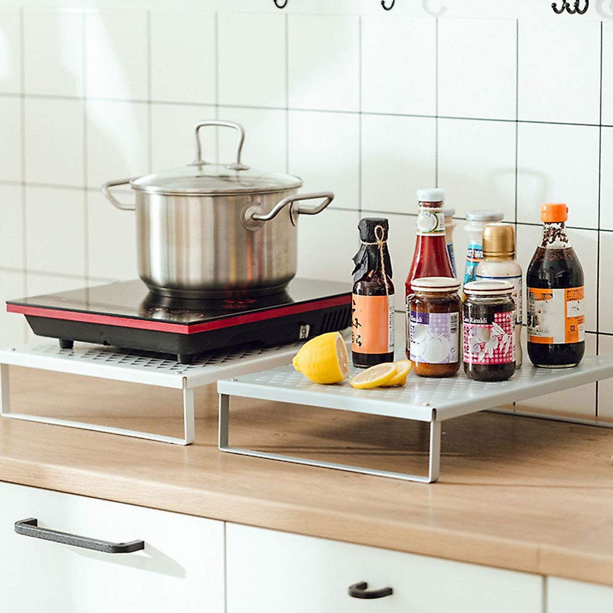 Hemoton Microwave Oven Rack Shelf Toaster Stand Kitchen Counter Seasoning Storage Rack Cabinet Organizer for Kitchen Utensils Towels Spices (Grey)