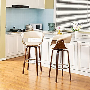 glitzhome Bar Stools Set of 2, 28’’ Swivel Barstools with Curved Back, Counter Stools Bar Chairs Withe Backrest, Footrest, Solid Bentwood Frame, White