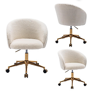 White Modern Faux Fur Home Office Chair, Upholstered Round Fluffy Chair Makeup Vanity Chair for Teen Girls Swivel Desk Chair with Gold Base, 3'' Adjustable Height Leisure Elegant Office Chair
