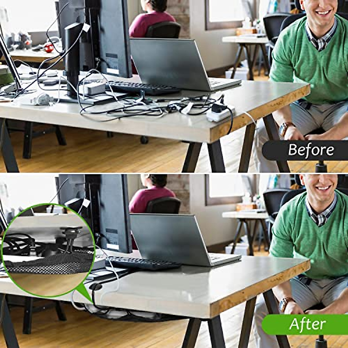 Under Desk Cable Management Net 2 Packs, 26'' x 10'' Flexible Under Desk Wire Cord Organizer Kit, Large Capacity Cord Hidden Stretch Mesh Cable Holder for Desks, Offices and Kitchens, Fits Most Tables