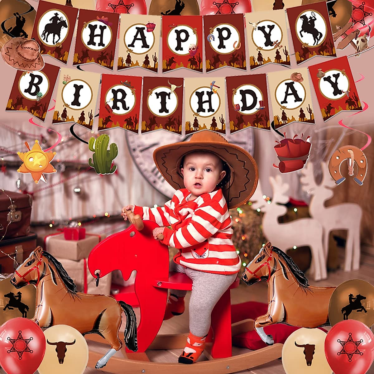 Cowboy Party Decorations Set - Western Birthday Party Decorations Country Rodeo Party Favor Horse Balloons Birthday Banner Cupcake Toppers Hanging Swirls