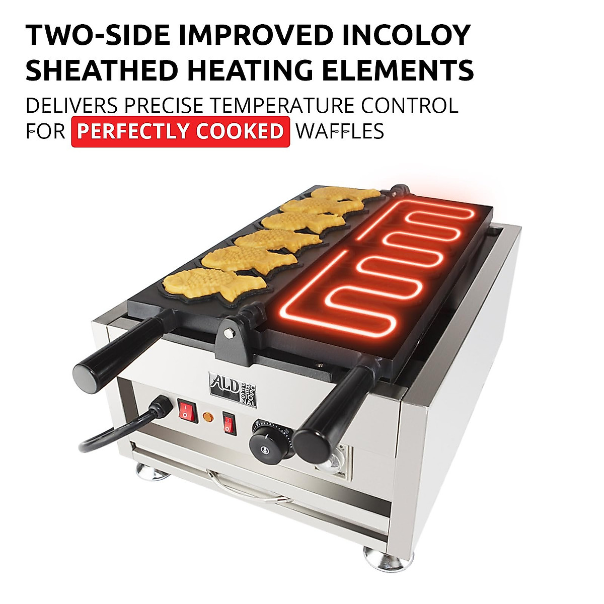 ALDKitchen Taiyaki Fish Waffle Maker | Electric Taiyaki Machine | Fish Shaped Waffle Cones | Stainless Steel Professional | Nonstick Coating | 110V (Six Fishes)