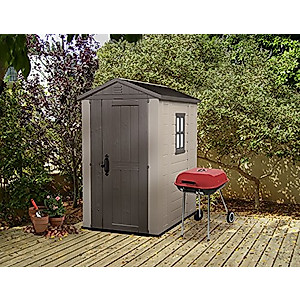 Keter Factor 4x6 Outdoor Storage Shed | Store Patio Furniture, Garden tools, Bike accesories, beach chairs, or Lawn Mowers | Taupe & Brown