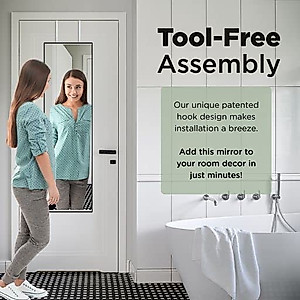Mirrotek - Full Length Adjustable Over The Door Mirror Black Aluminum Finish - Hanging Instant Install Long Full Body Mirror for Bedroom, Dorm Room