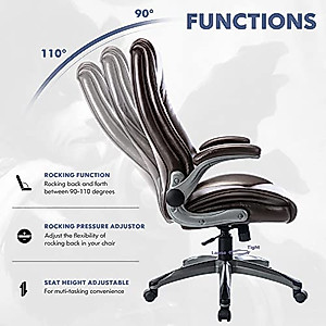 High Back Executive Office Chair-Ergonomic Bonded Leather Computer Chair with Flip-up Arms, Adjustable Tilt Tension, Padded Armrests, Swivel Rolling Home Office Desk Chair-Brown