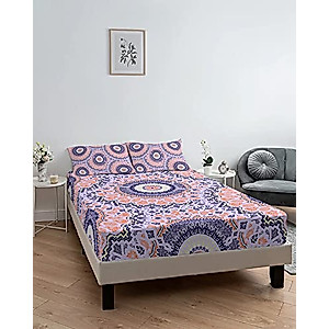 Fitted Sheet Twin XL Size Bed Sheets with Deep Pocket,Indian Mandala Abstract Floral Brushed Microfiber Hotel Bed Sheet with Pillow Case,Ethnic Style Circle Line Block Mattress Cover with Elastic