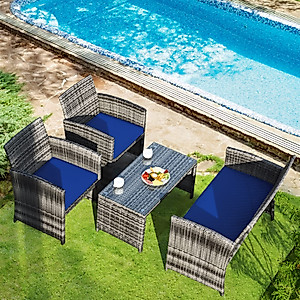 Toolsempire Outdoor Conversation Set, 4 Pieces Wicker Patio Furniture Set with Ergonomic Curved Design, Patio Chair Set with Water-resistant Cushion & Tempered Glass Table for Balcony,Porch(Navy Blue)