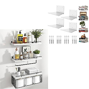 Mefirt Floating Shelves, 3+2 Tier Bathroom Shelves with Paper Towel Holder & Floating Book Shelves, Invisible Bookshelves for Wall