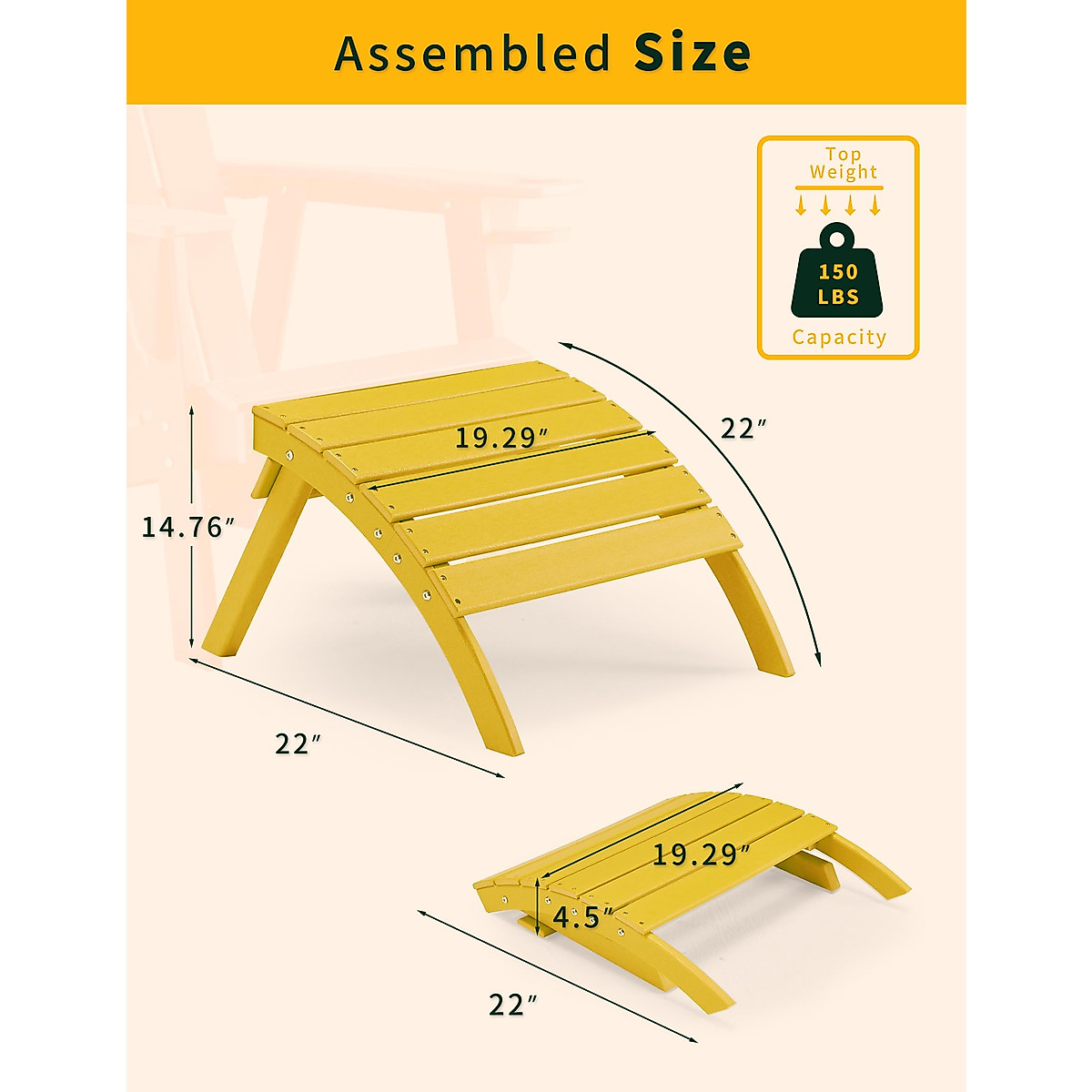 BUPPLEE Folding Adirondack Ottoman for Adirondack Chair, HDPE All Weather Outdoor Footrest Poly Lumber Adirondack Footstool for Patio, Backyard, Garden, Easily Storage - Yellow