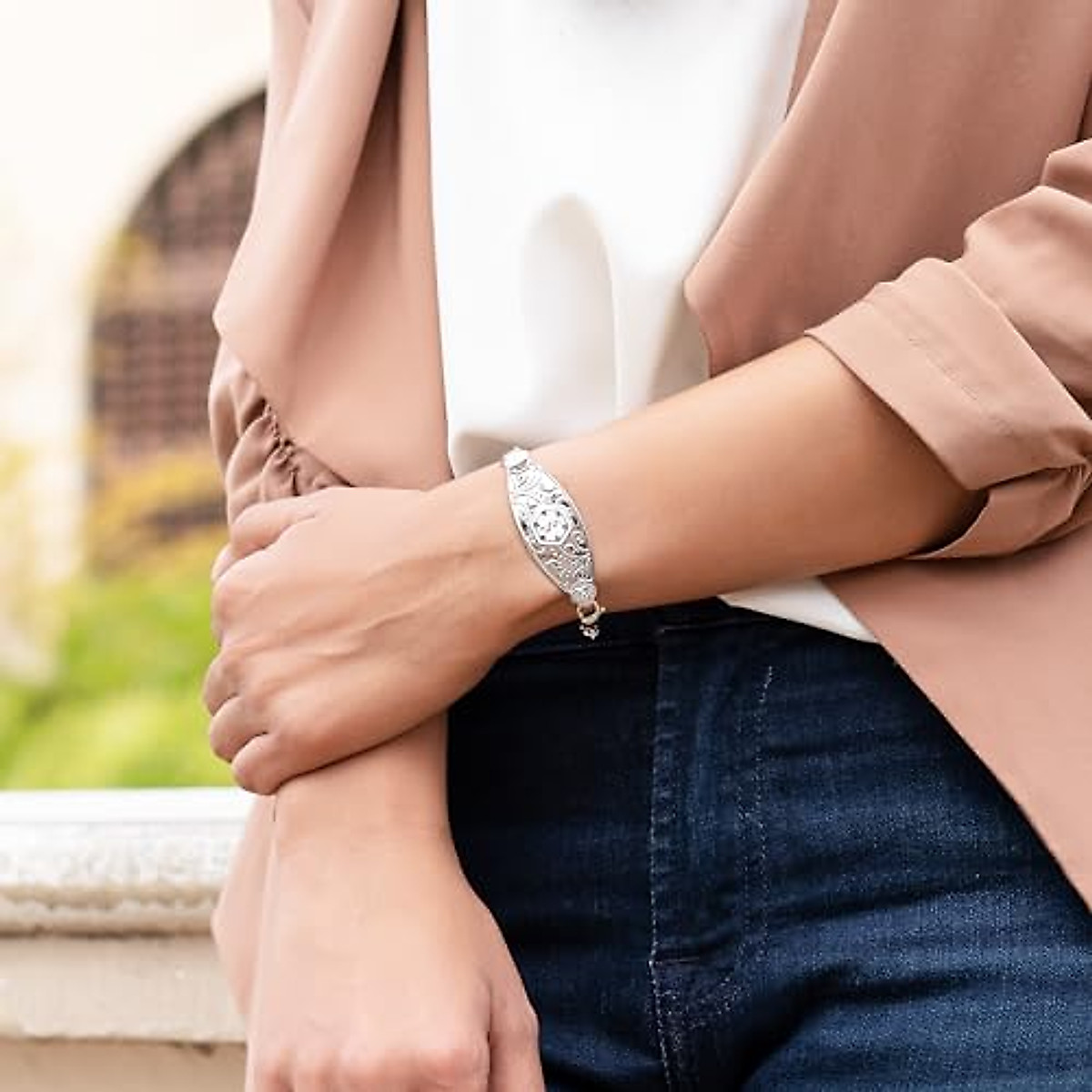 Divoti Custom Engraved Filigree Medical Alert ID Bracelets for Women, w/Heart Link – White-8.0"