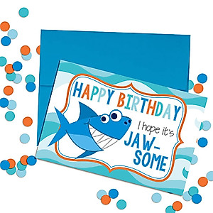 JAW-SOME Day Shark Themed Birthday Pun Themed Single (1) All Occasion Blank Birthday Card To Send To Friends & Family, 4"x 6" (when folded) Fill In Greeting Note Card by AmandaCreation
