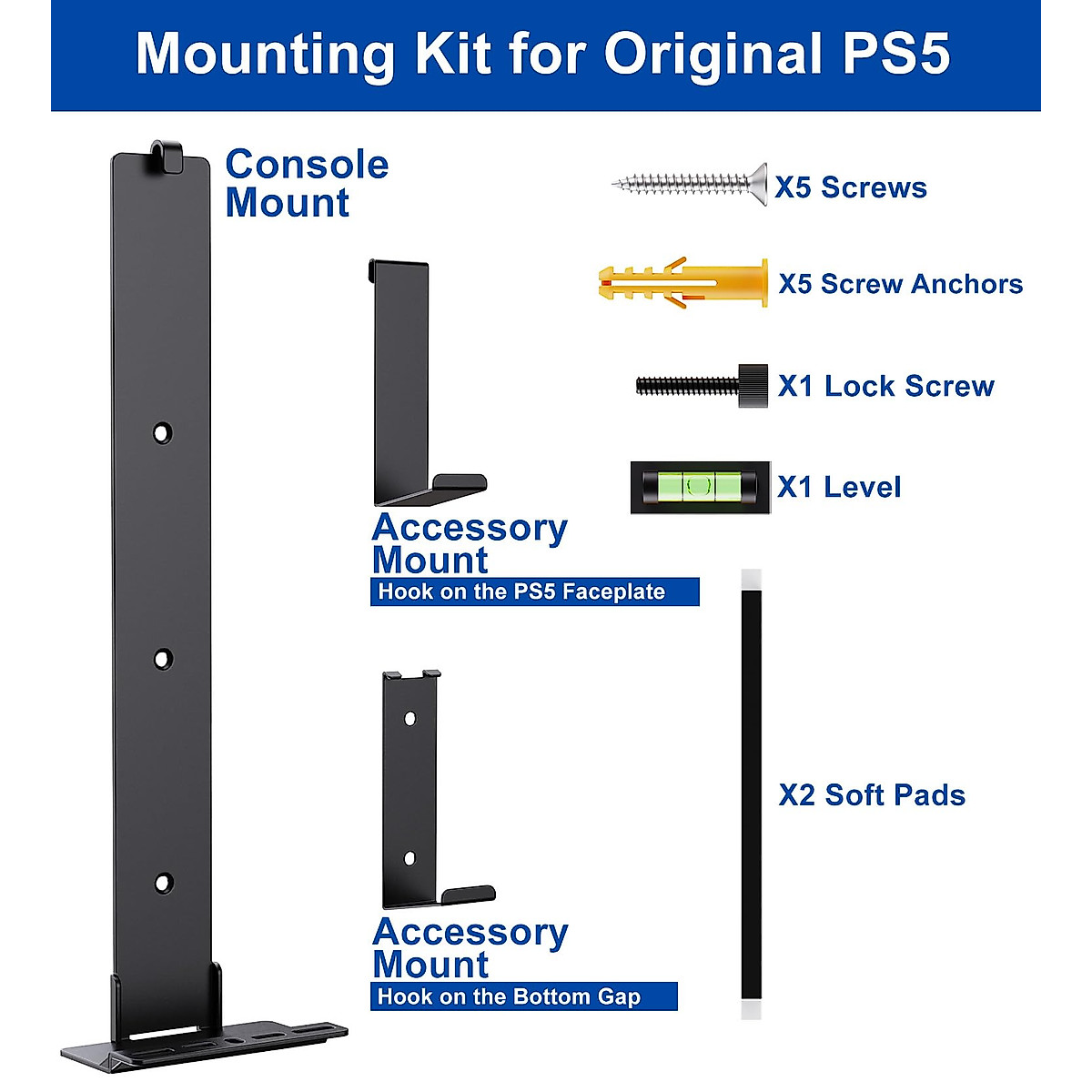 PS5 Wall Mount for PlayStation 5 Disc Edition and Digital Edition (Mount The Console on Wall Near or Behind TV with Invisible Design), Including 2 Accessories Holders (Black) - Not for PS5 Slim