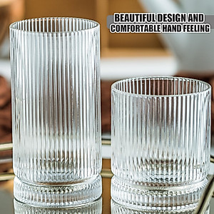 KEMORELA Drinking Glasses Set of 8, Ribbed Glassware, Vintage Fluted Glassware, 4 pcs Ribbed Glasses 16oz Highballs and 4 pcs 13oz Whiskey Glasses, Great for Cocktail, Beverages