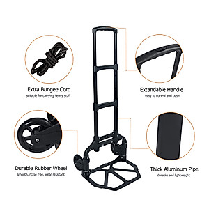 Varbucamp Folding Hand Truck with Telescoping Handle, 165lbs Capacity Aluminum Portable Luggage Trolley Cart, Hand Cart and Dolly with Black Bungee Cord and Rubber Wheels, Black