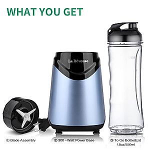 La Reveuse Smoothies Blender Personal Size 300 Watts with 18 oz BPA-free Portable Travel Sports Bottle (Light Blue)