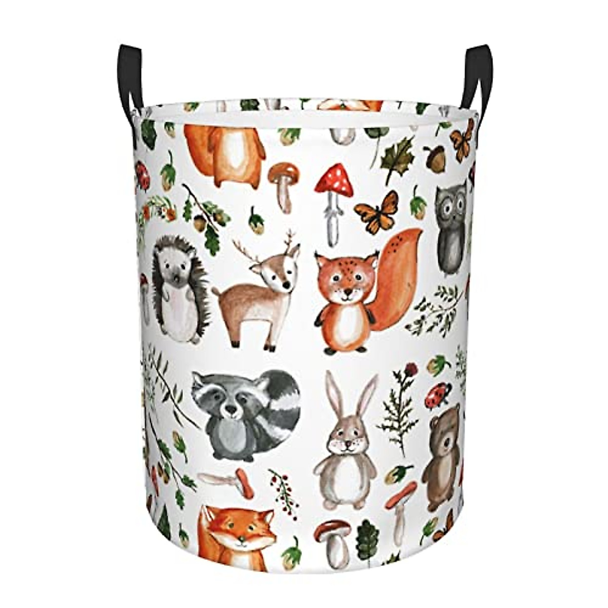 Woodland Animals Watercolor Bear Deer Squirrel Owl Mushroom Laundry Hamper With Handle Foldable Durable Laundry Basket Storage Bin Dirty Clothes Organizer Bag For Bedroom Bathroom Nursery
