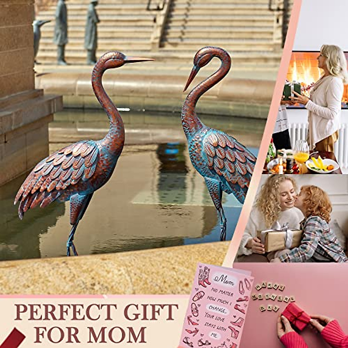 Kircust Garden Crane Statues Patina Heron Decoy, Standing Metal Crane Sculptures Bird Yard Art for Outdoor Decor, Set of 2