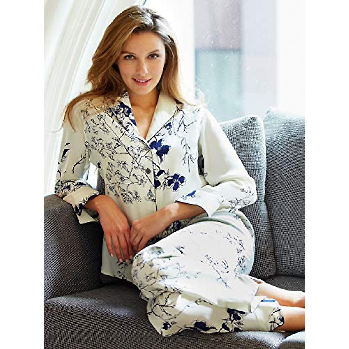 Julianna Rae Natalya Women's 100% Silk Pajama, Petite, Midnight Floral, LP
