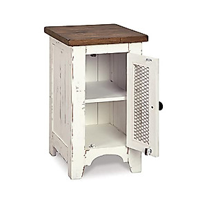 Signature Design by Ashley Wystfield Farmhouse Chair Side End Table with Cabinet Door for Storage, White & Brown with Distressed Finish