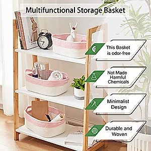 OIAHOMY Cotton Rope Storage Basket, Set of 5 Woven Baskets for Organizing with Handles, Decorative Basket for Baby Nursery, Dog Cat Toy Baskets - Pink & White