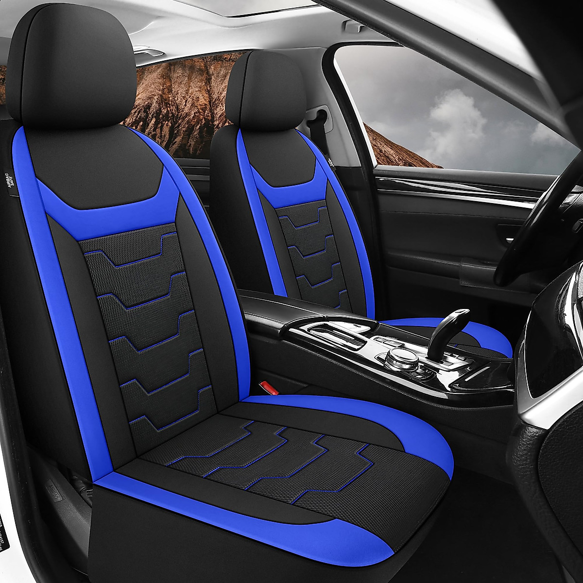 CAROMOP Breathable Car Seat Covers Full Seats,3D Air Mesh Cloth Seat Covers for Cars, Split Bench Compatible Car Interior Covers, Universal Fit Most Car Sedan Truck SUV(Black/Blue)