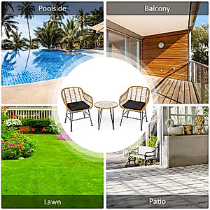 DORTALA 3 Pieces Patio Conversation Set, Rattan Leisure Chairs & Round Glass Tea Table Set, Indoor Outdoor Wicker Bistro Furniture Set with Cushions for Balcony, Poolside (Black)