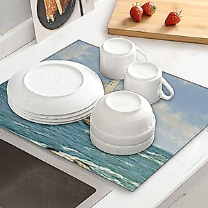 Sailboat Ship Landscape Printed Drying Mat For Kitchen Ultra Absorbent Microfiber Dishes Drainer Mats Non-Slip Silicone Quick Dry Pad - 18 X 16inch