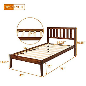 SOFTSEA Twin Bed Frame with Headboard, Farmhouse Kid's Platform Bed Frame with Wood Slat Support, Walnut