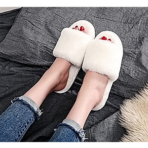 Women's Fuzzy Cozy House Slippers Soft Plush Furry Fur Open Toe Memory Foam Winter Warm Comfy Slip On Breathable Indoor Outdoor (White,9-10)