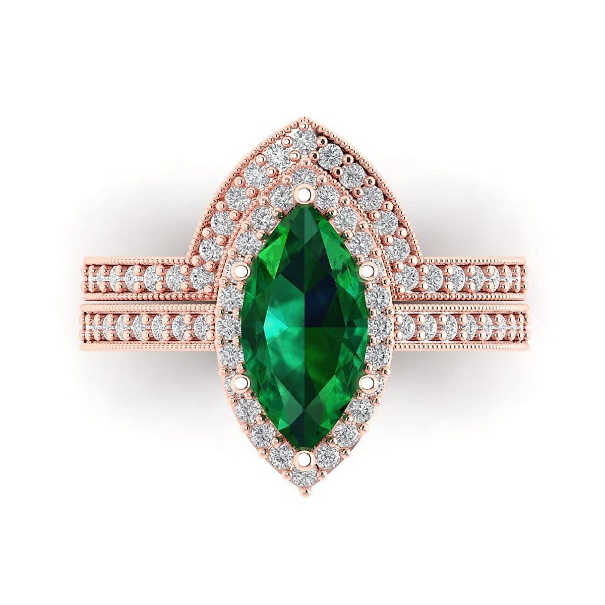 Clara Pucci 2.16ct Marquise Cut Halo Solitaire Simulated Emerald Engagement Promise Anniversary Bridal Ring Band set 18K Rose Gold 3.5