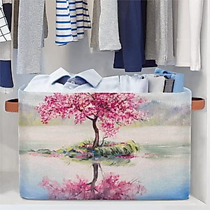 Oil Painting Of Cherry Trees Storage Basket, Collapsible Canvas Fabric Storage Toys Bin Shelves Decor Laundry Organizer with Leather Handles for Closet Shelf Nursery Bedroom 15x11x9.5 In