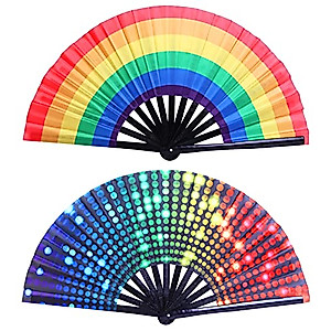Gionforsy 2pcs Rave Hand fan Bamboo Holding Hand Fan Large Folding Fan with Bright Color Fabric Folding Fan for Festival (Style-2)