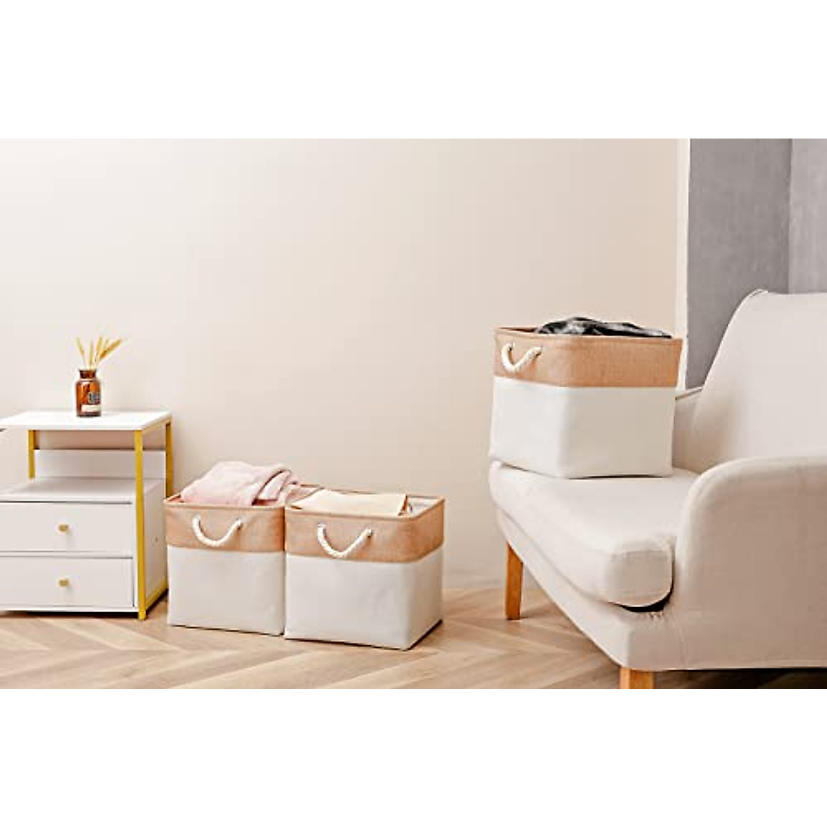 Large Cube Storage Baskets Organizer (10.5" x 10.5" x 11") for Clothes Toys Towel Books, Canvas Fabric Sturdy Collapsible Storage Boxes with Cotton Handles for Closet, Shelves (Beige/Brown, 6 Pack)