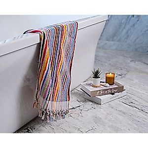 Striped Hand and Bath Towels for Bathroom | Set of 2 Hand Towels | Organic Turkish Cotton | Large Soft Plush Fluffy Absorbent Ribbed Bath Towels (Hand Towel Set, Rainbow)