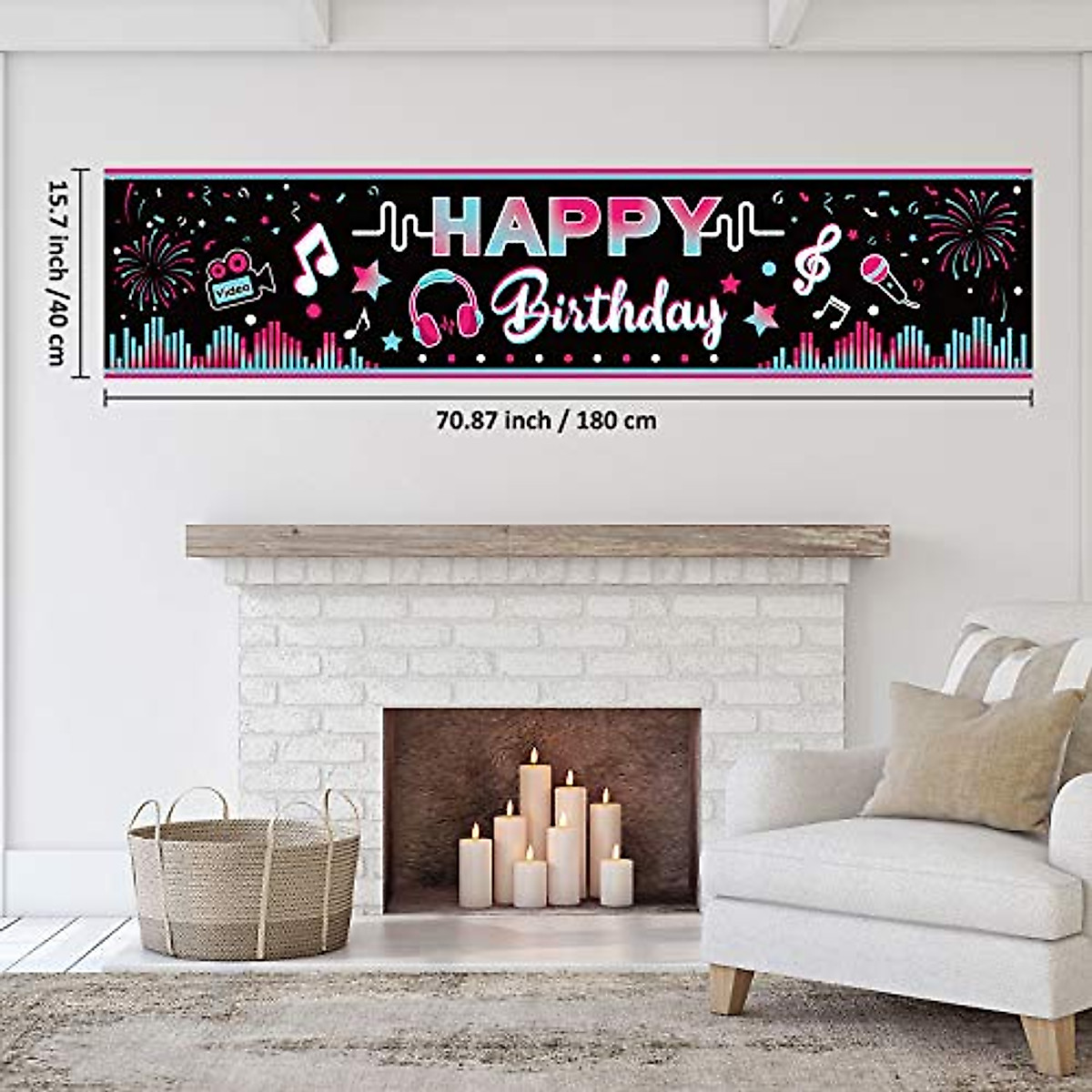 71 x 16 Inch Happy Birthday Banner Decorations, Large Fabric Music Party Banner Backdrop Background Photo Booth Banner Indoor Outdoor Decor for Teens Social Media Theme Birthday Party Supplies