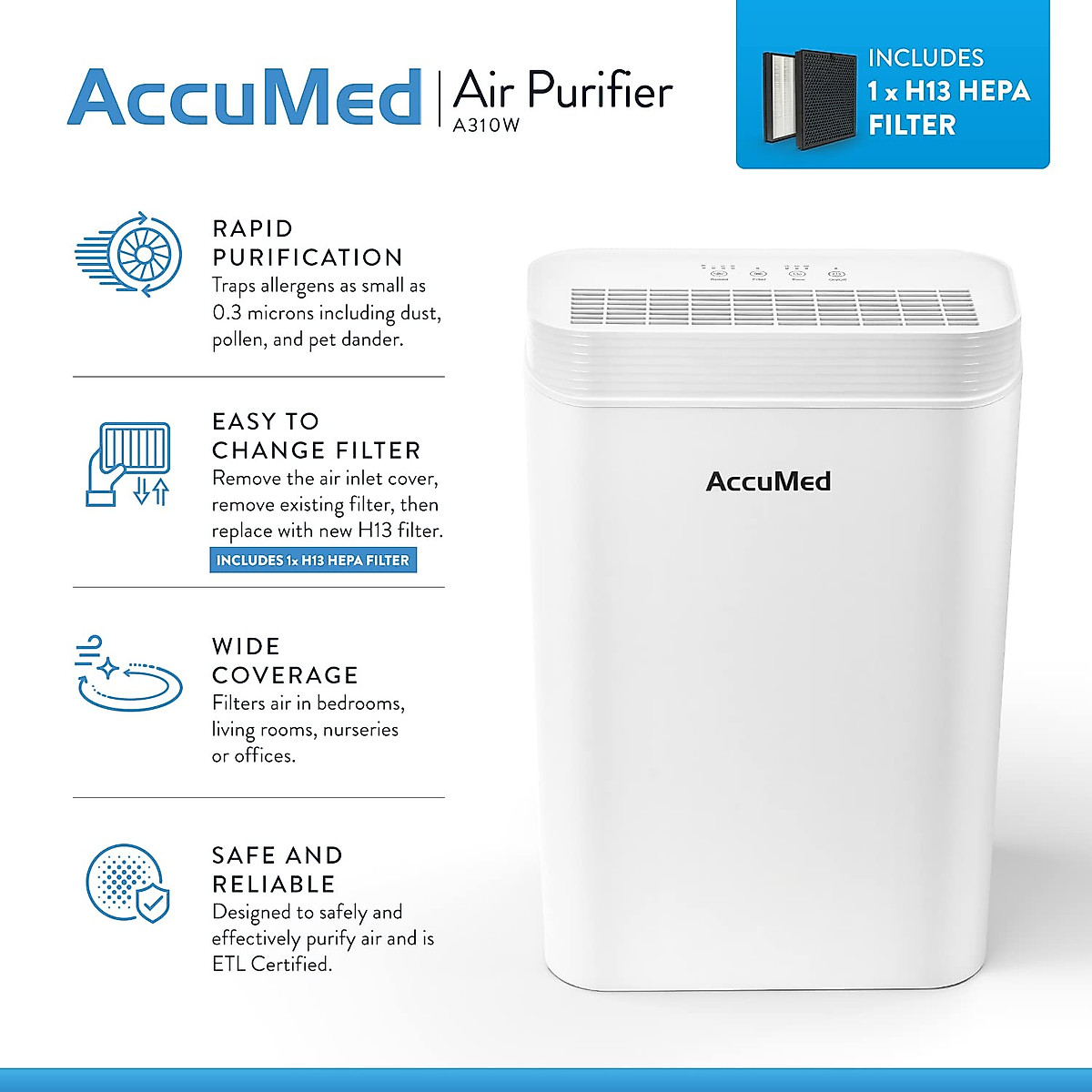 AccuMed HEPA Air Purifier, Removes Pet Hair and Smoke, White (A310W)
