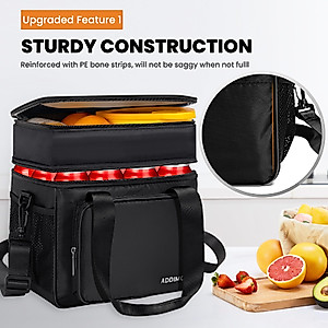 Lunch Bag for Women Men Double Deck Lunch Box, [24H] Insulated Lunch Cooler Bag with Shoulder Strap, Large Heavy Duty Leakproof Adult Lunch Tote Bag LunchBox for Work Beach Picnic Travel (15L, Black)