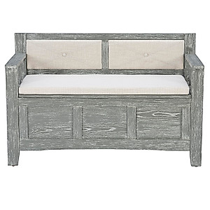 Linon Weathered Grey Carlton Storage Bench with Beige Upholstered Back and Cushioned Seat