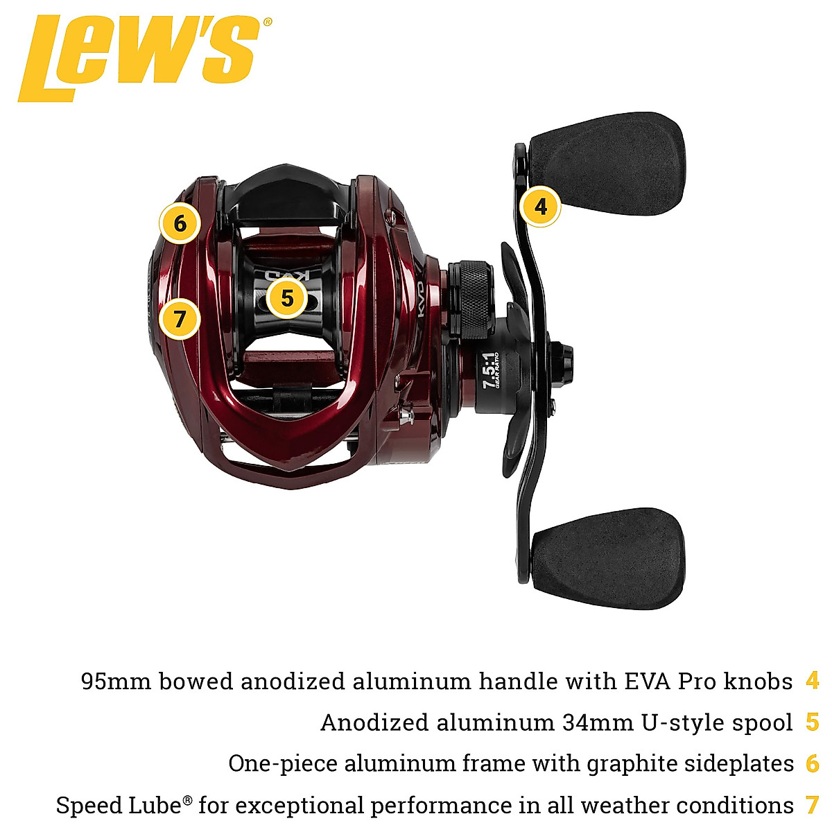 Lew's KVD Baitcast Fishing Reel, Left-Hand Retrieve, 7.5:1 Gear Ratio, 10 Bearing System with Stainless Steel Double Shielded Ball Bearings