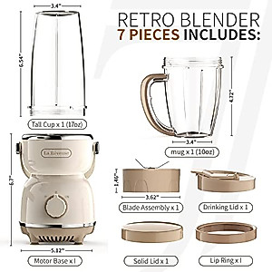 La Reveuse Personal Size Bullet Blender 300 Watts for Shakes Smoothies Seasonings Sauces with 17 oz Cup / 10 oz Mug,Retro Style