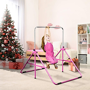 Gymbarpro Gymnastics Bars for Kids, Adjustable Horizontal Bar, Junior Training Bars Folding Monkey Bars for Beginner Practicing Home Kids Gymnastics Equipment for Home (Pink Upgrade)