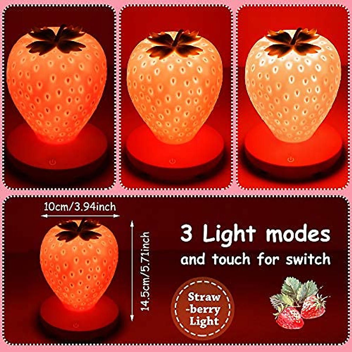 Mudder Strawberry Night Light Cute Silicone Strawberry Lamp LED Decorative Night Light Kawaii Fruit Gifts 3 Modes Touch Gift for Room Decor(Red)