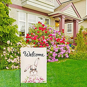 Welcome Floral Bunny Garden Flag Vertical Double Sided Easter Bunny Rabbit, Spring Summer Rustic Farmhouse Yard Outdoor Decoration 12.5 x 18 Inch