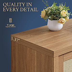 OAKHAM HOME 5 Drawer Dresser, Rattan Dresser for Bedroom with 5 Storage Drawers, Tall Dresser Chest of Drawers for Closet Bedside, Living Room Hallway 17.7" D x 29.5" W x 46.7" H, Weathered Oak