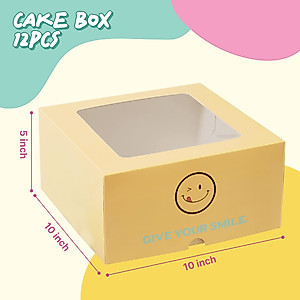 Loopic 12PCS 10x10x5inch Cake Boxes with Window, 12PCS Cake Board, Free Smiley Stickers for Pastry Boxes, Baking Boxes, Takeout Container for Cake, Donuts, Cookies, Chocolate Strawberries (Yellow)
